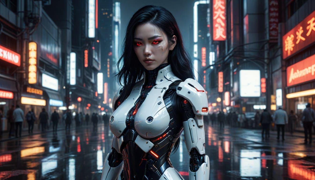 …gynoid in white with cyberpunk background - realistic…