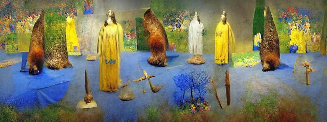 forest; robed druids; spears; ritual; Tracy Murrell; Odilon Redon ...