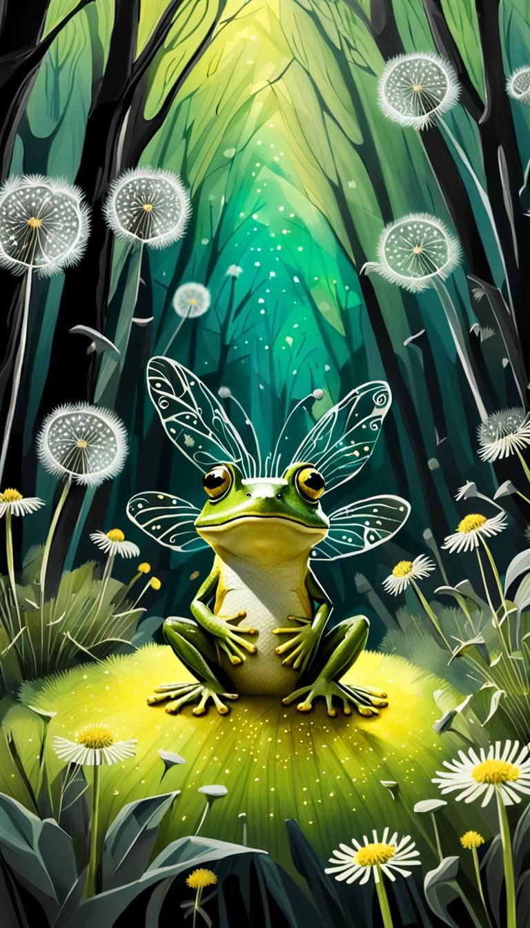 A vivid representation of a joyful green crowned frog prince with fairy ...