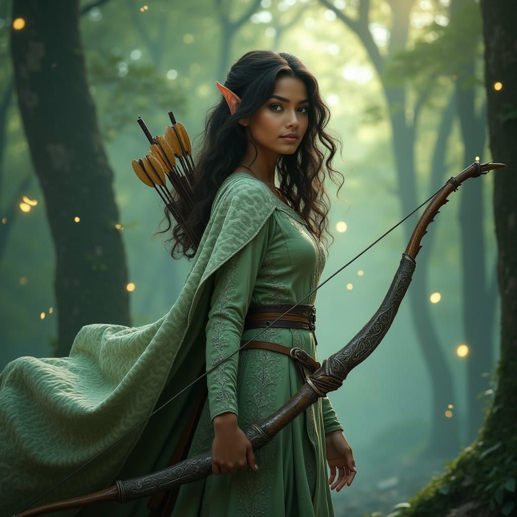 Ethereal Elven Archer in Radiant Forest - AI Art