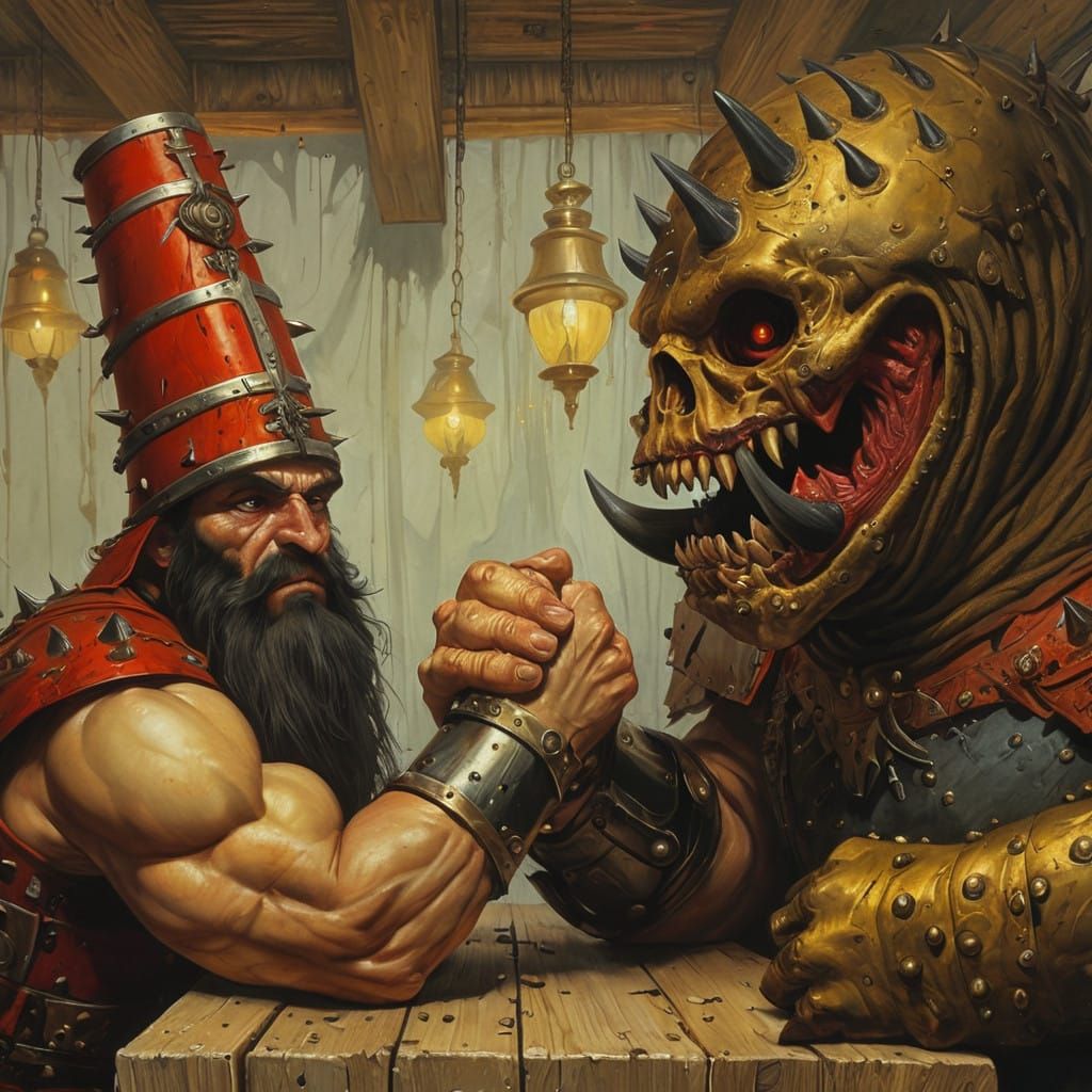 Chaos Dwarf Armwrestles Rotting Nurgle Monster in ... - AI Art