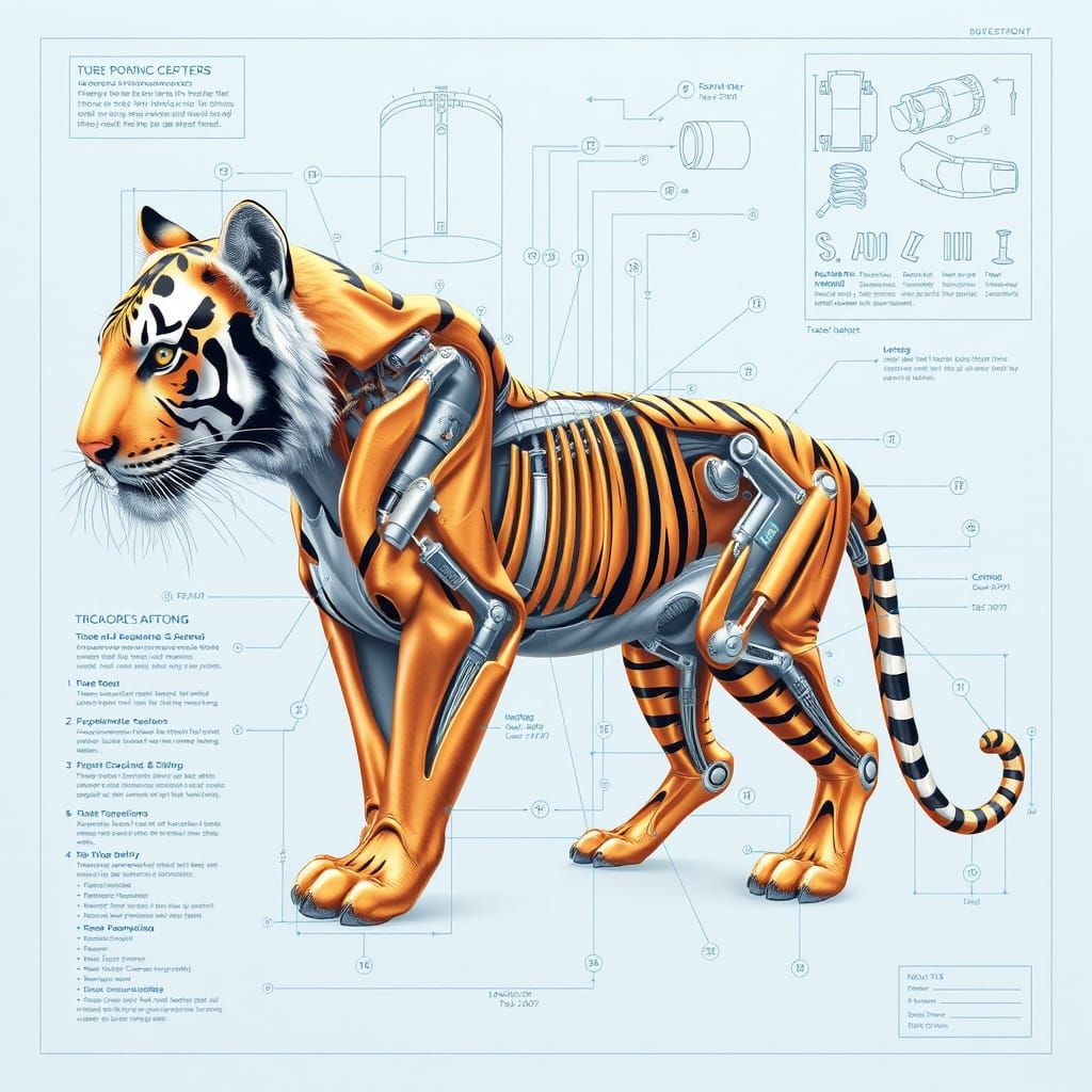 Technical Tiger Anatomy Blueprint in Futuristic St... - AI Art