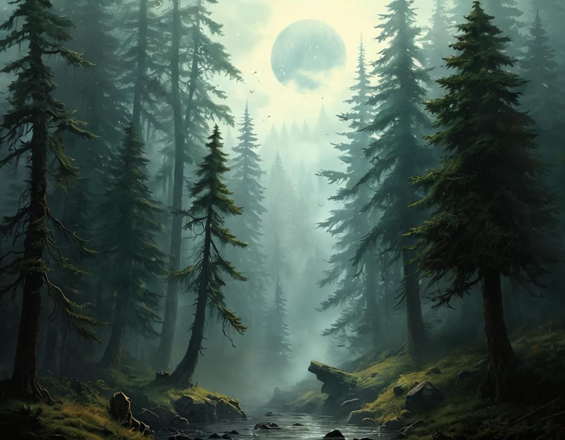 Ethereal Evergreen Forests in 1980s Fantasy Style - AI Art