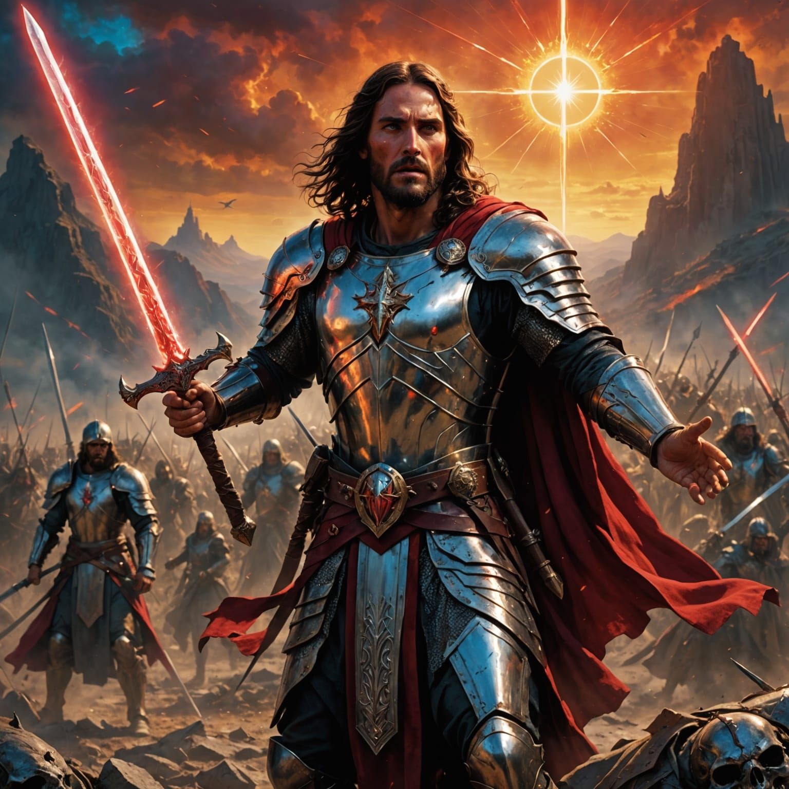 Warrior Messiah in Opal Armor Smites Demons - AI Art