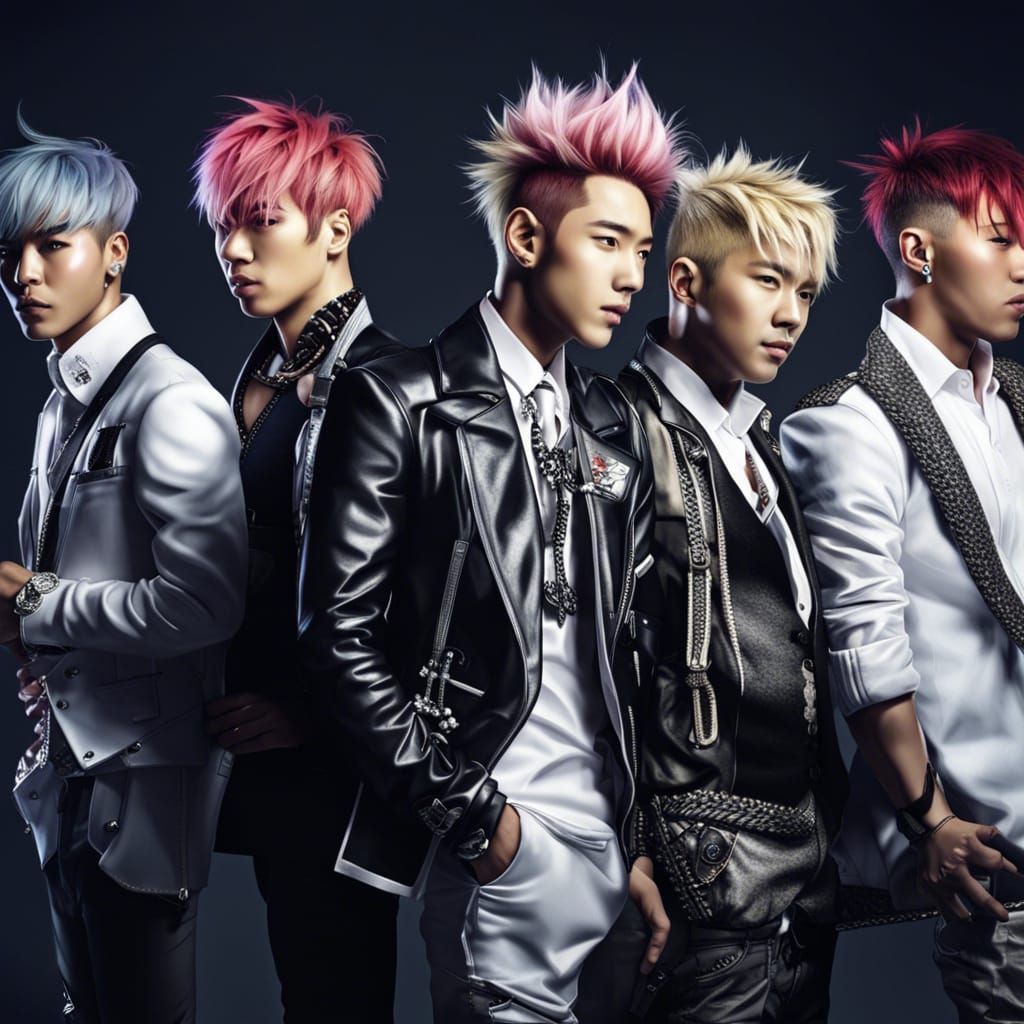 kpop band, bigbang, handsome, 8k, hyper realistic, photograph, super detailed, stage, big band ...