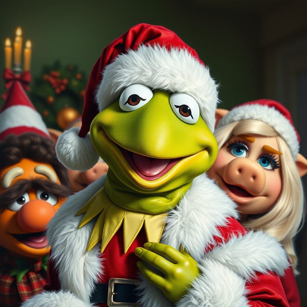 Portrait of Kermit the Frog dressed as Santa. Miss Piggy is dressed as ...