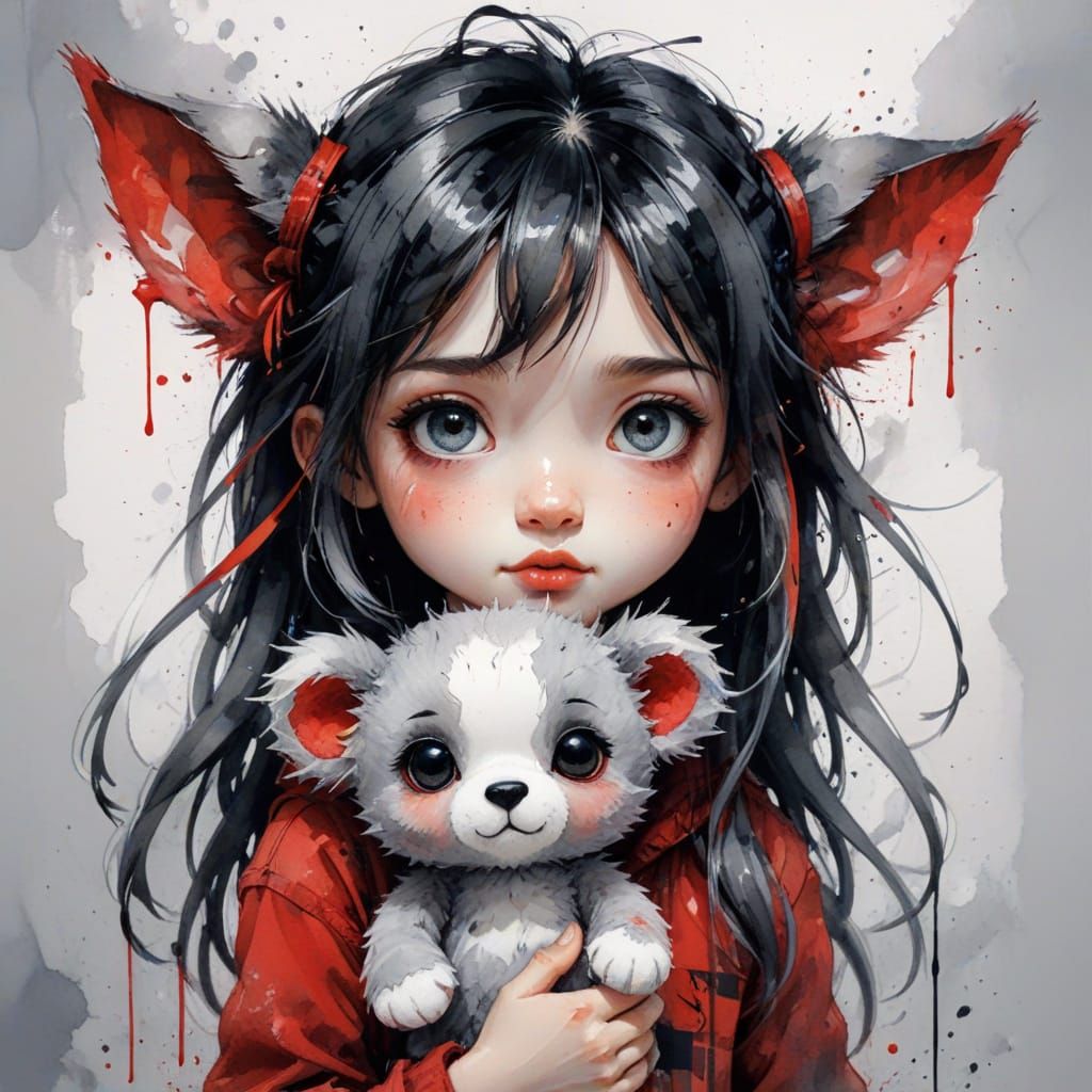 little kawaii style girl with toy animal