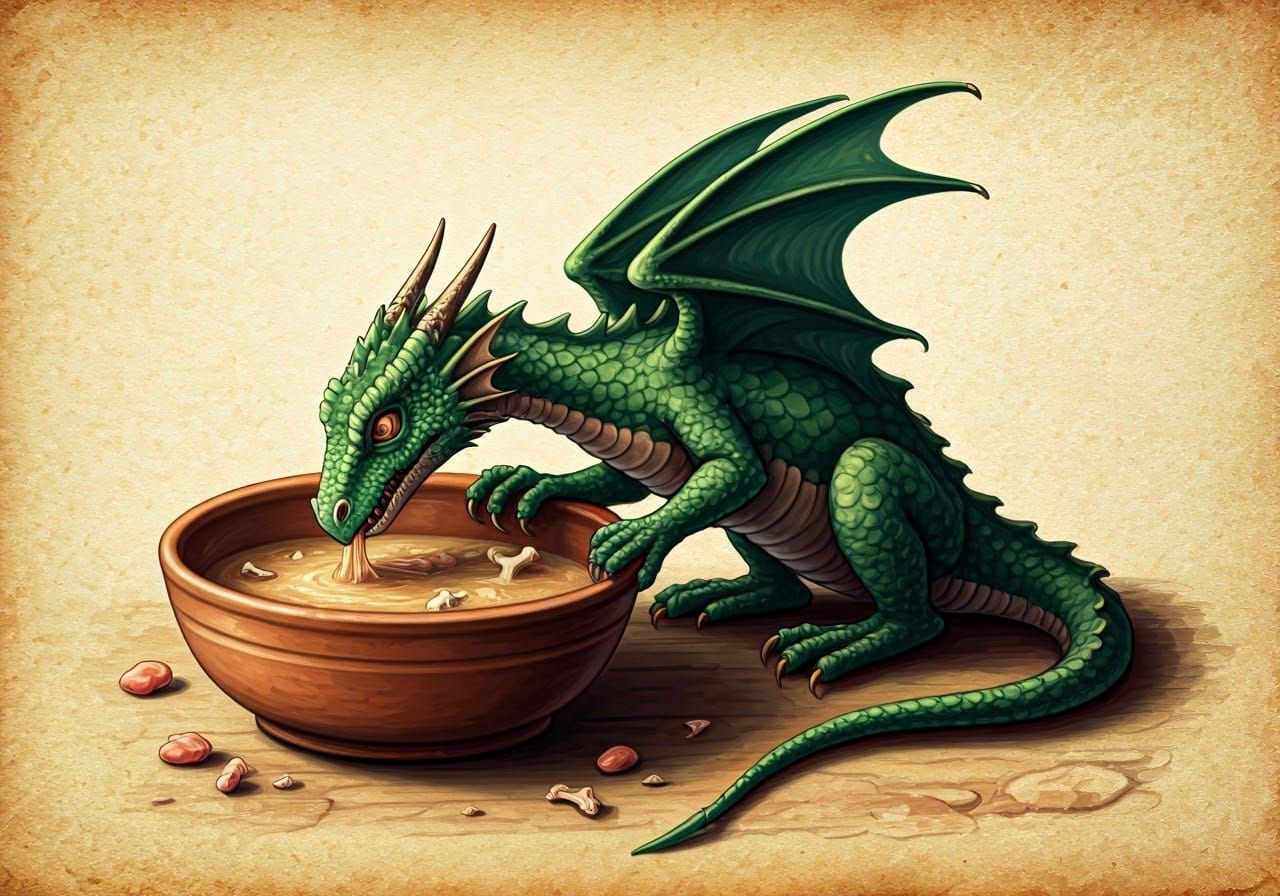 Eating leftovers - Hungry Green Dragon Devours Medieval Left...