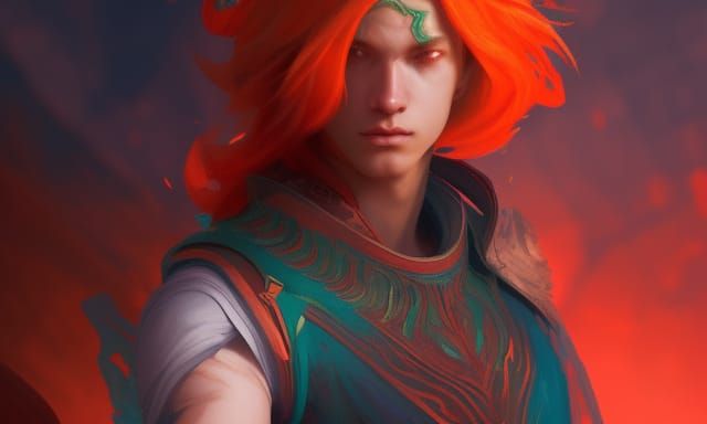 avatar boy with fire power young man with fire orange hair red eyes and ...