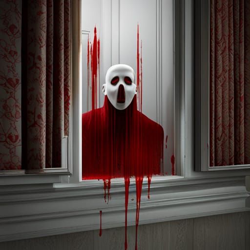 GHOST FACE LOOKING OUT PICTURE WINDOW BLOOD ON MOUTH - AI Generated ...
