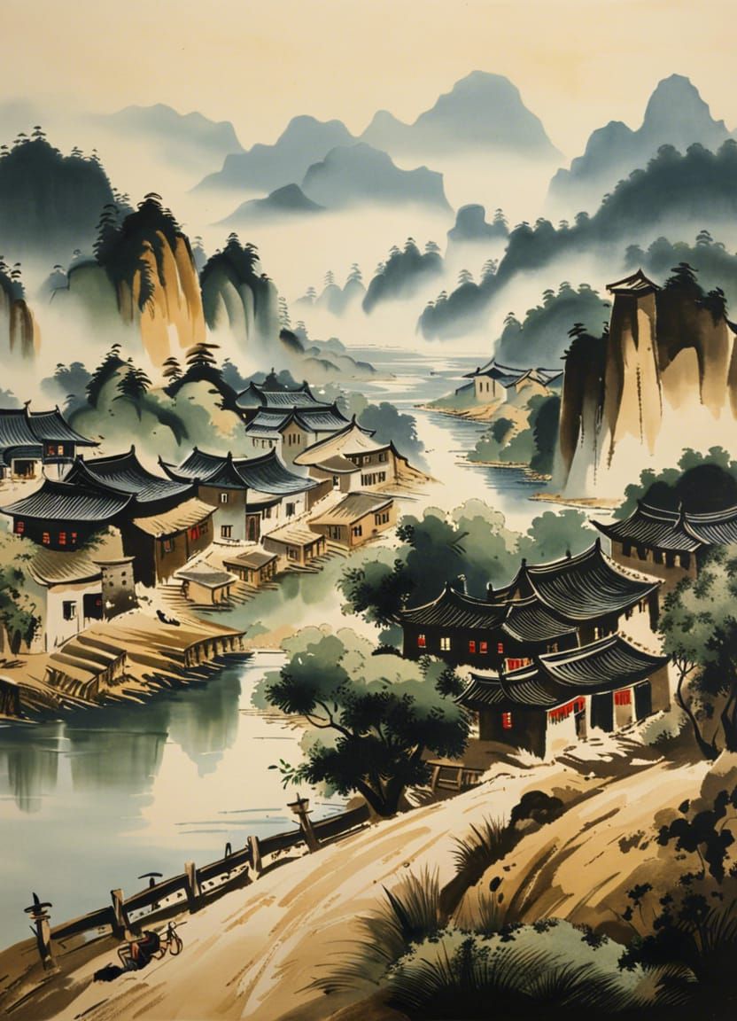 City Landscapes #52 Ancient China riverside village - AI Generated ...
