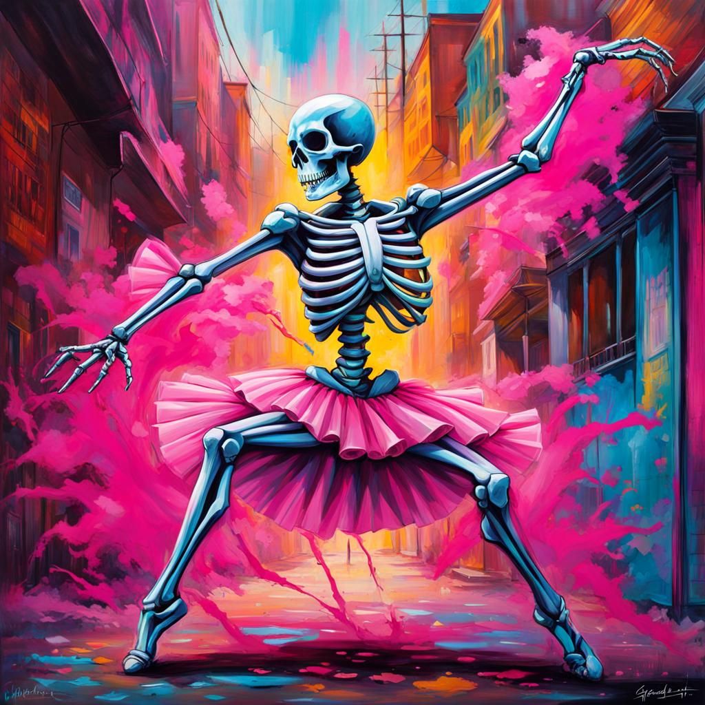 A skeleton dancing showing muscles wearing a tutu ,in a ballerinas ...