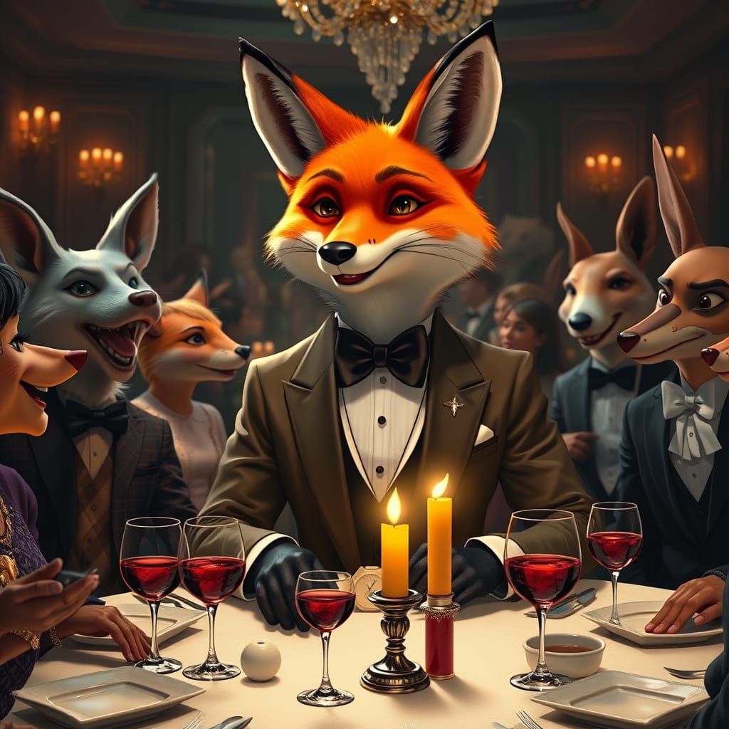 Sophisticated Fox in Tuxedo at Elegant Dinner Part... - AI Art