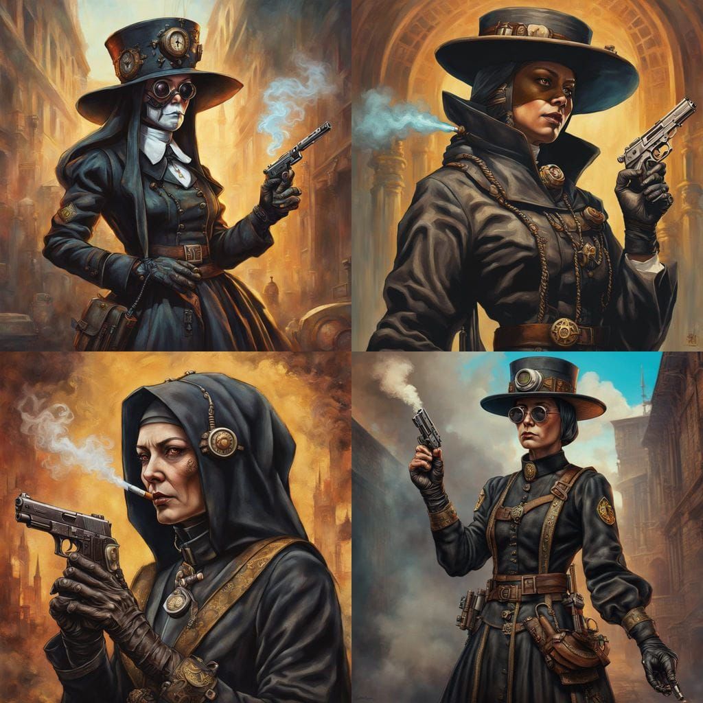 Steampunk Nun in Action, Armed and Smoking - AI Art