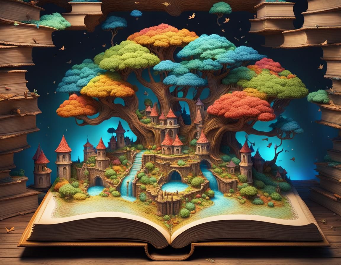 Hyperdetailed colorful three-dimensional scene of a magical land ...