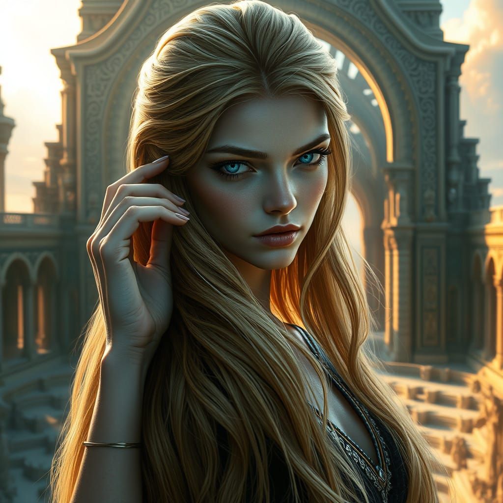 Ethereal Lady in Ancient Cityscape - AI Art