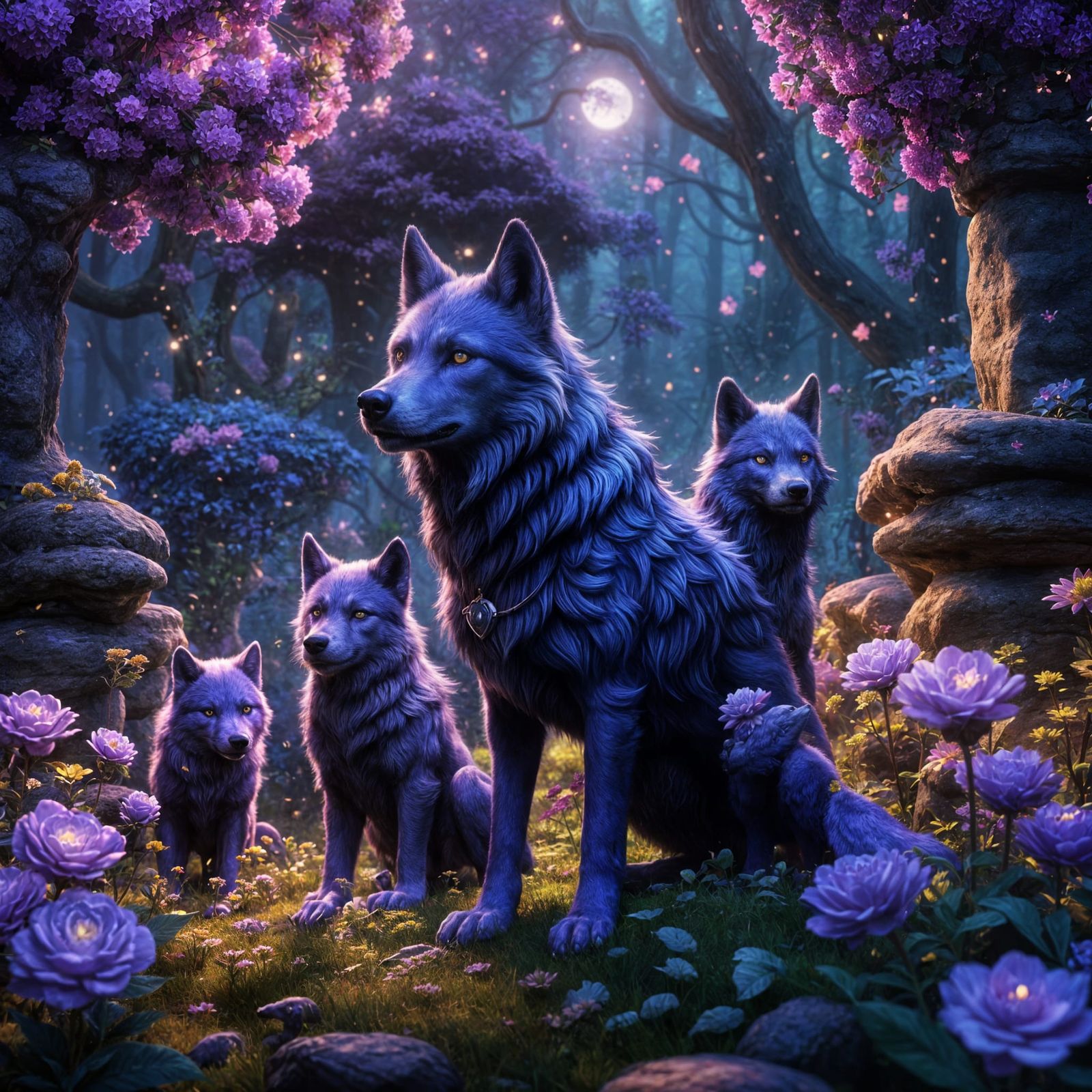 A pack of wolves in a glowing garden