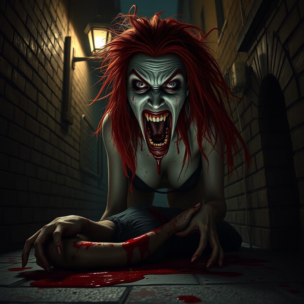 grotesque female vampire with long, wild red hair