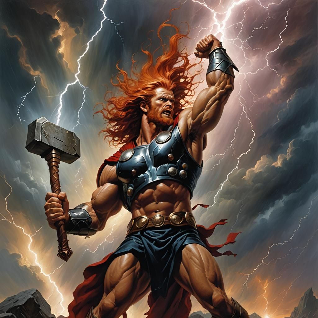 Thor with Mjolnir and Lightning - AI Generated Artwork - NightCafe Creator