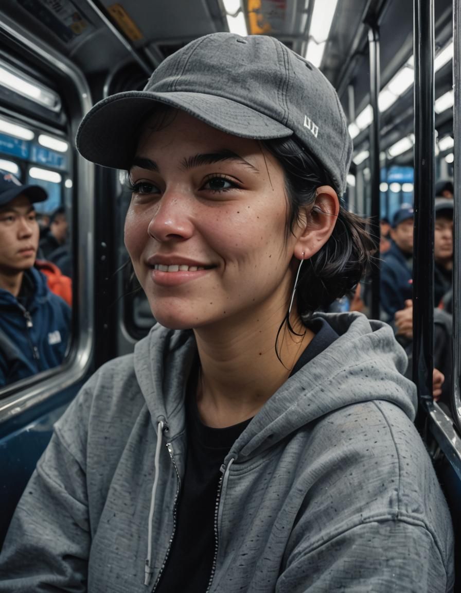 Side view, portrait large Woman sat in the back of a wide rundown metro ...