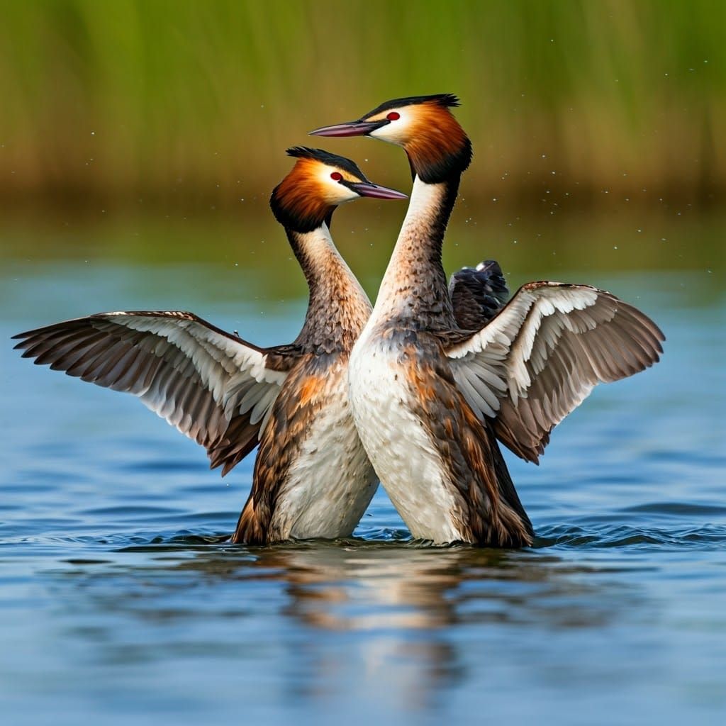 Clarkes Grebes dancing on water together in a courtship ritual ...