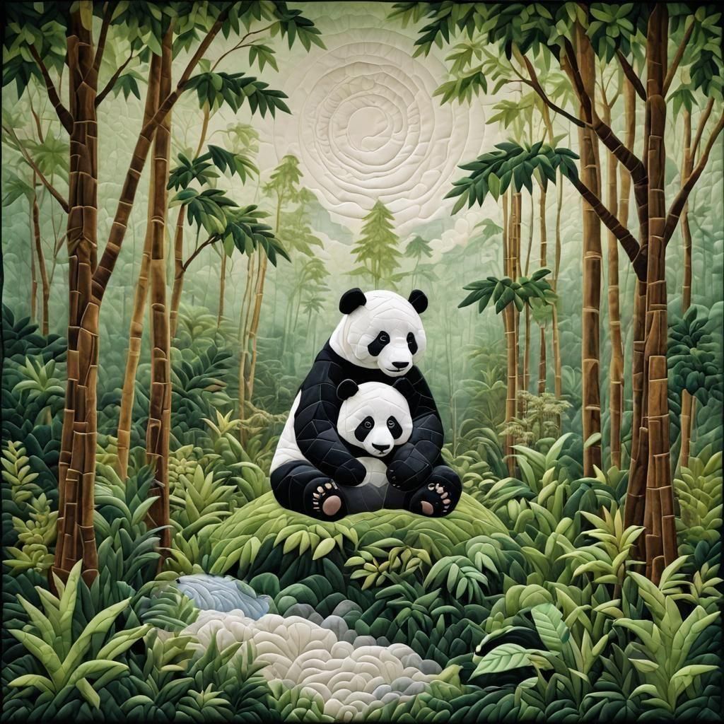 Quilted Scenes - of a Giant Panda Bear Holding a Baby Panda Bear Close ...