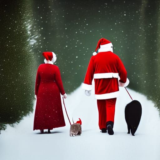 mr and Mrs Santa Claus taking a stroll walk with their cats - AI ...