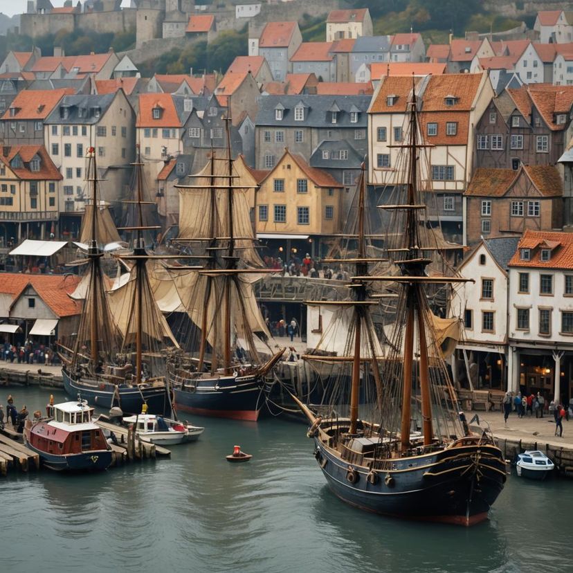 medieval port city, wharves, sailing ships, soft focus, hyper detailed ...