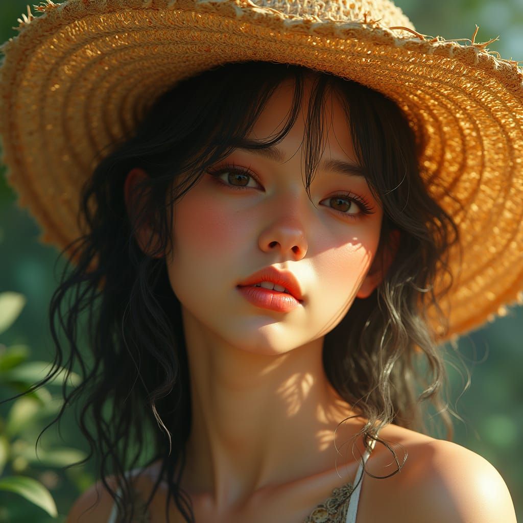 retrato - Nymph in Straw Hat: Hyper-Realistic Portrait