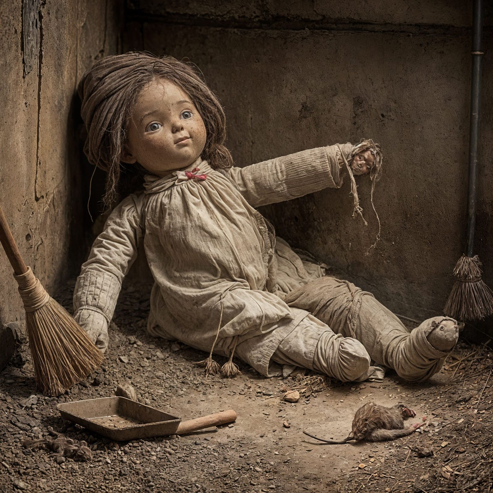 Faded Rag Doll in a Neglected Basement - AI Art