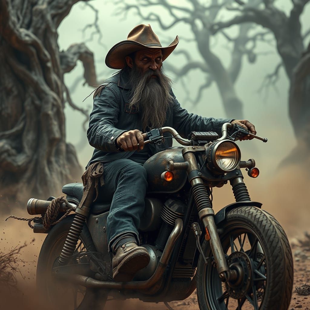 Grizzled Undead Biker Rides Rugged Motorcycle Amid... - AI Art