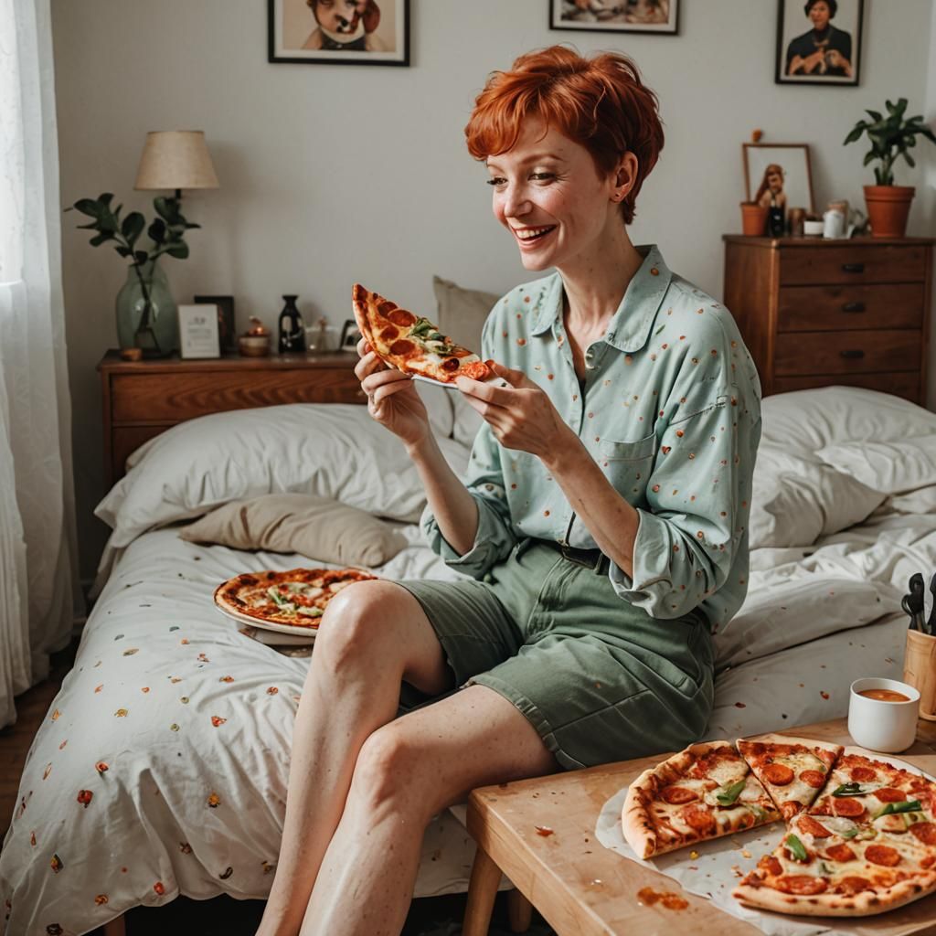 Barefoot redhead girl with a pixie cut eating pizza in her 80s bedroom ...