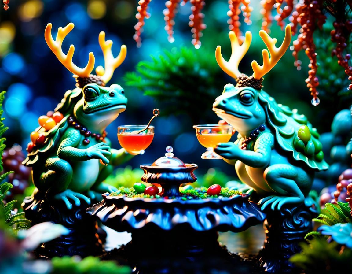 Ground shot of two posh toads with antlers, sipping tea from fine ...