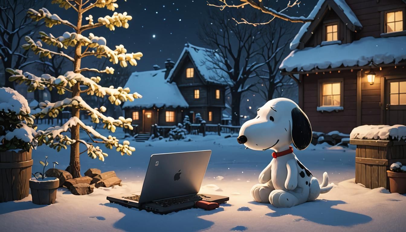 Snoopy Works Late into Winter Night in Stunning Di... - AI Art