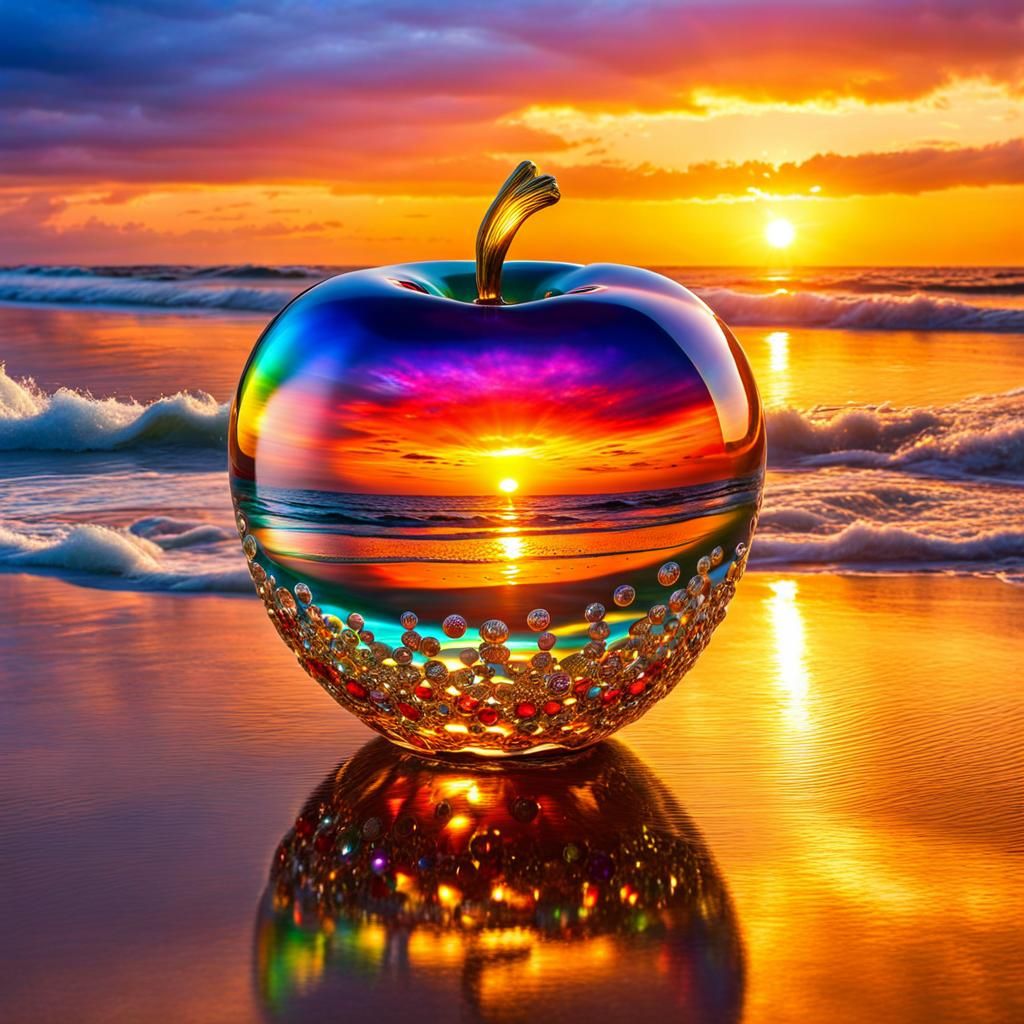 Stunning Beach Sunset in a Crystal Glass Apple - AI Generated Artwork ...