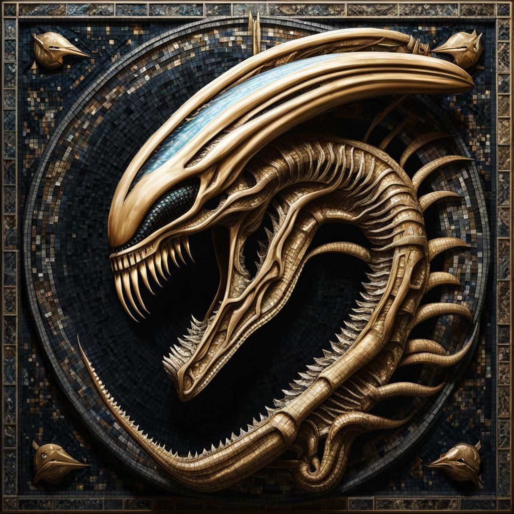 (Xenomorph mosaic: 2.0), tile art, ancient mural, shiny wet glass ...