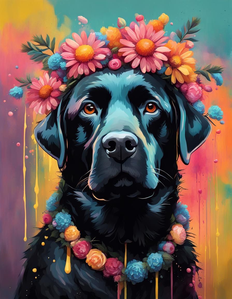 an adorable, digital painting of a black Labrador wearing a flower ...