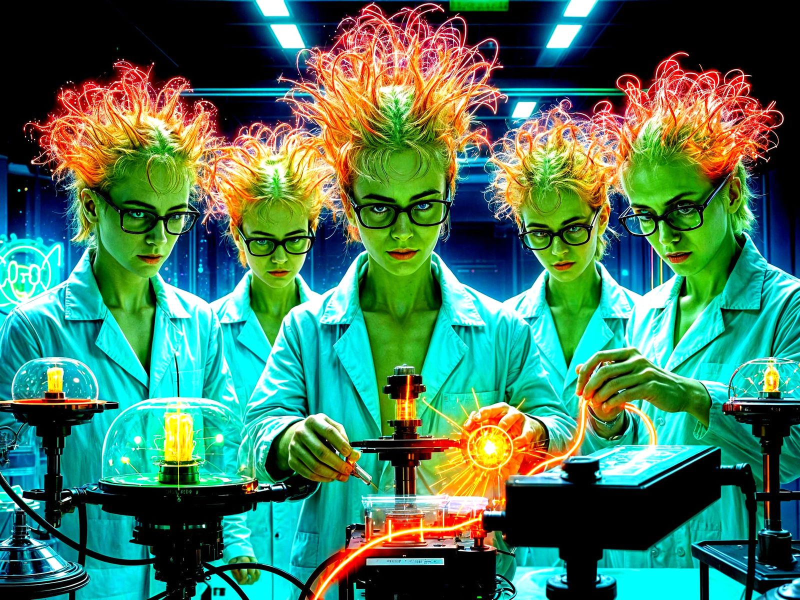 Cyberpunk Scientists Harness Neon Energy in Futuri... - AI Art