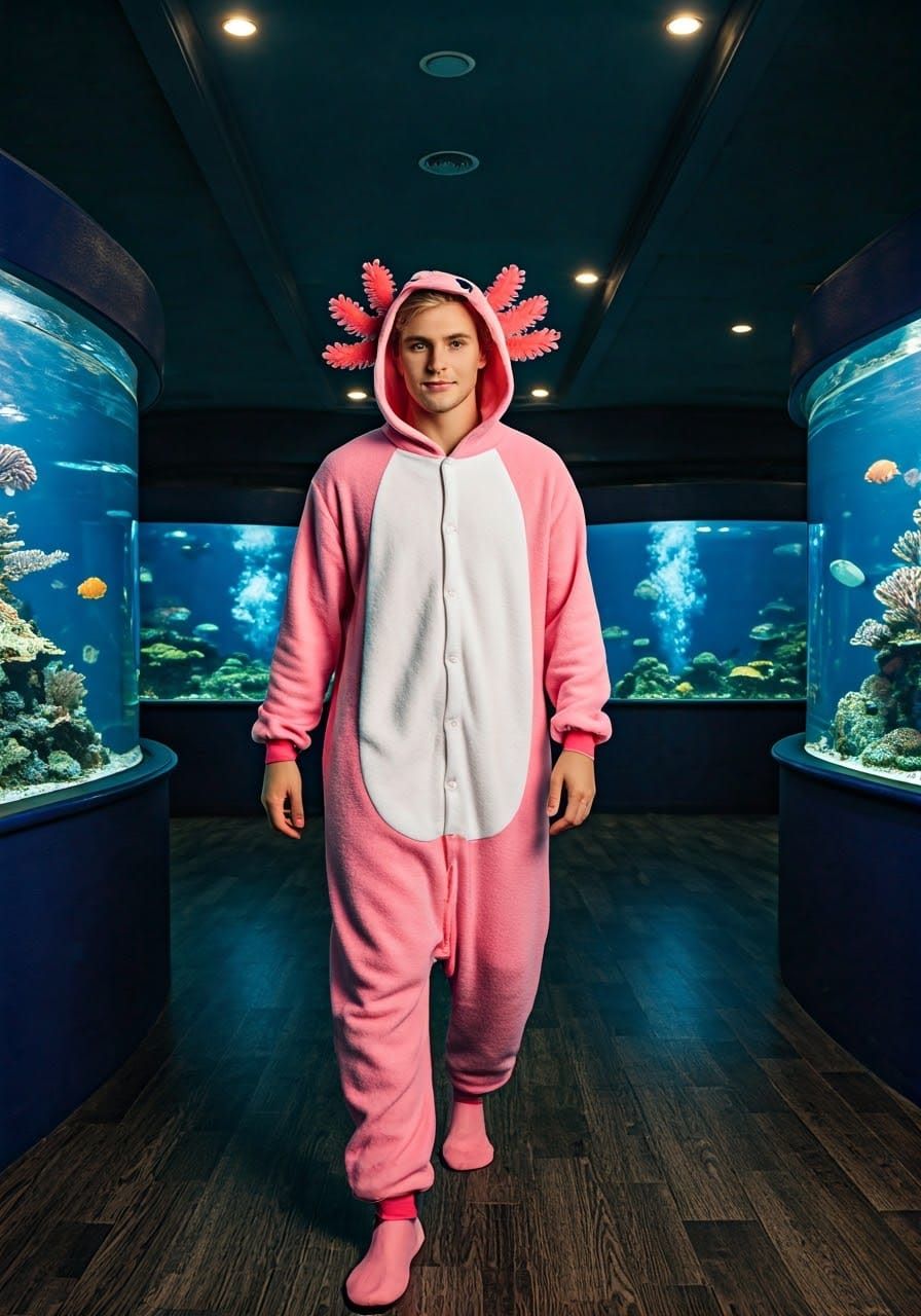 Alex-olotl - Chiseled Hero Strolls Aquarium with Axolotl One...