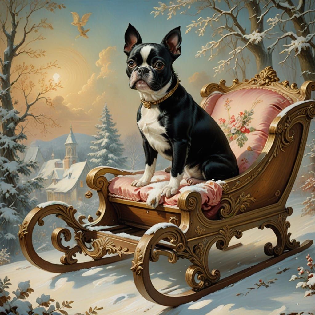 a painting in the style of Francois Boucher of a black Boston Terrieri ...
