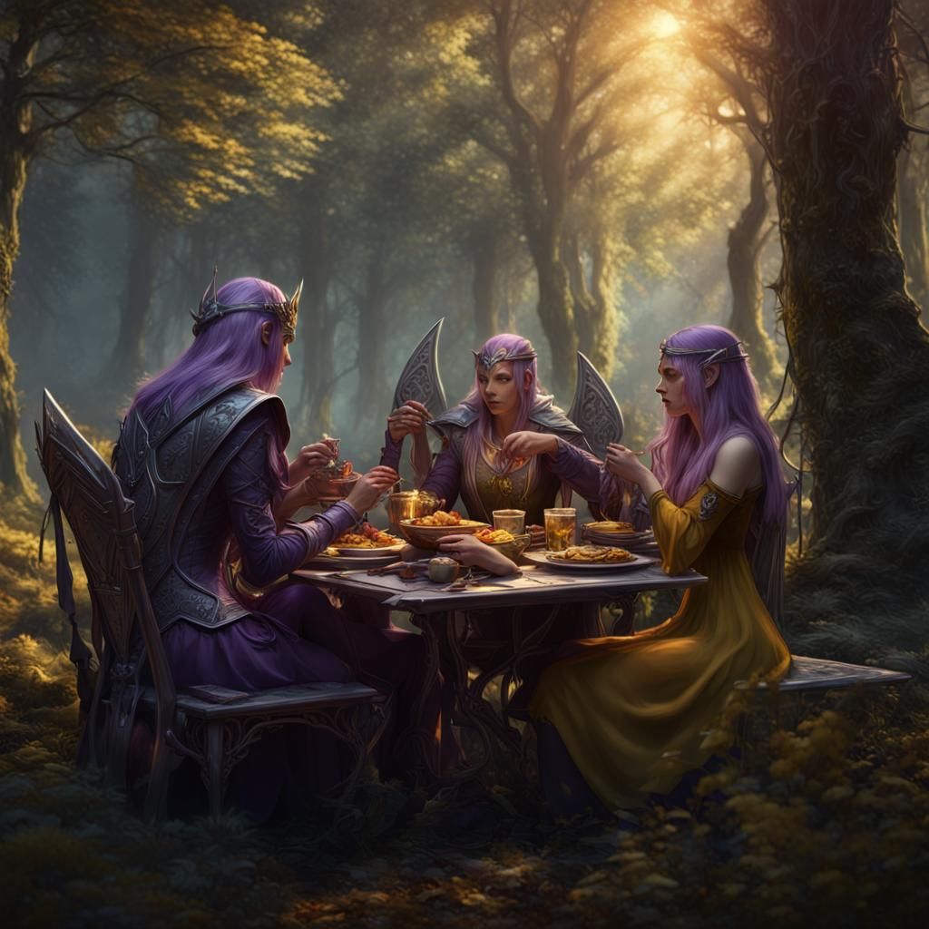 chrome elven family eating dinner in the forest with a beautiful forest ...