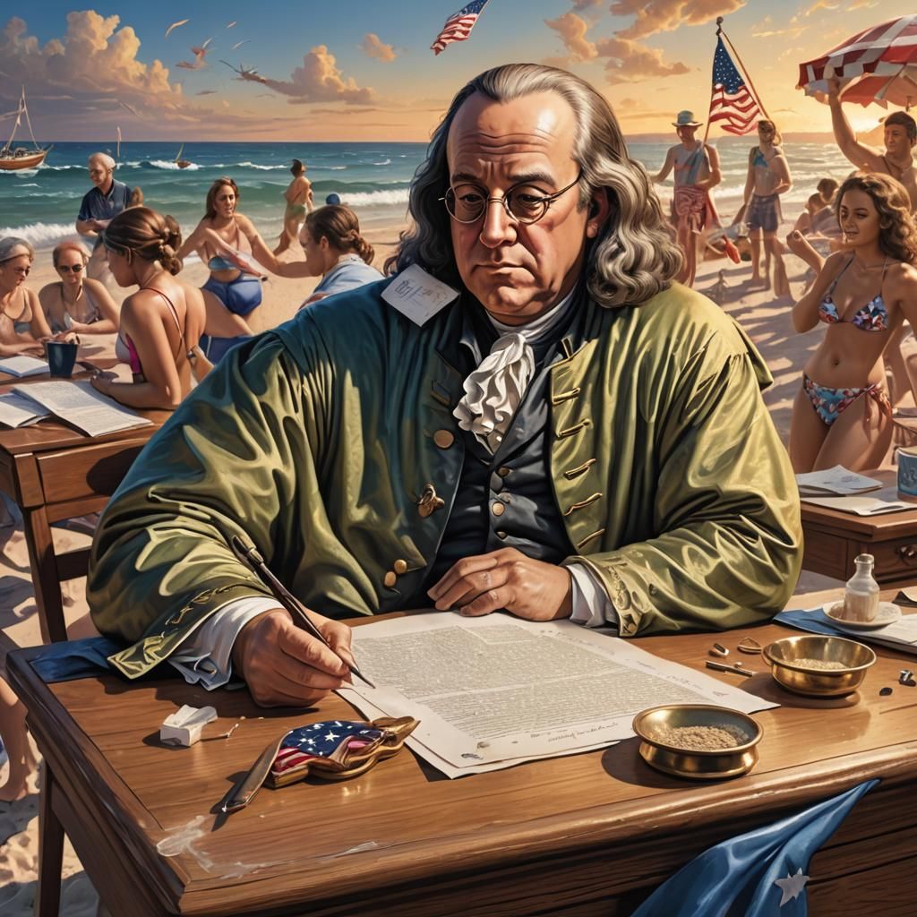 Benjamin Franklin signing the Declaration of Independence at the beach ...