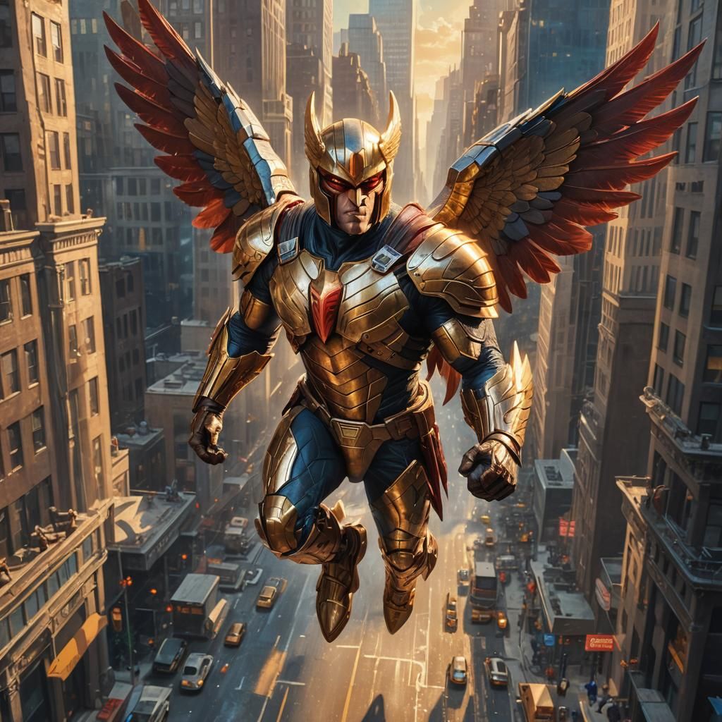 Hawkman Soaring Through Retrofuturistic Cityscape - AI Art