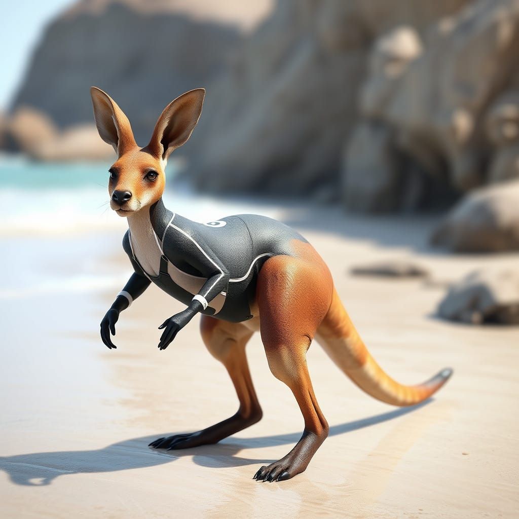 Cyberpunk Anime Humanoid Kangaroo Surfs the Beach - AI Art