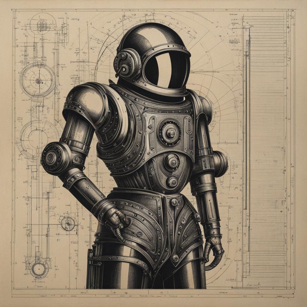 "Technical drawing with human figure dimensions, hyperdetailed ink ...