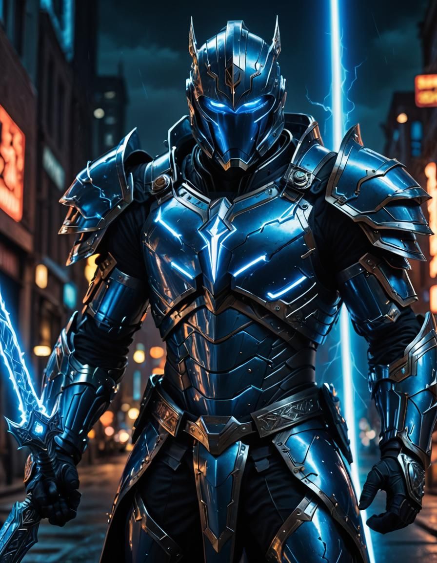 NEON KNIGHT: Blue Armor... - AI Generated Artwork - NightCafe Creator