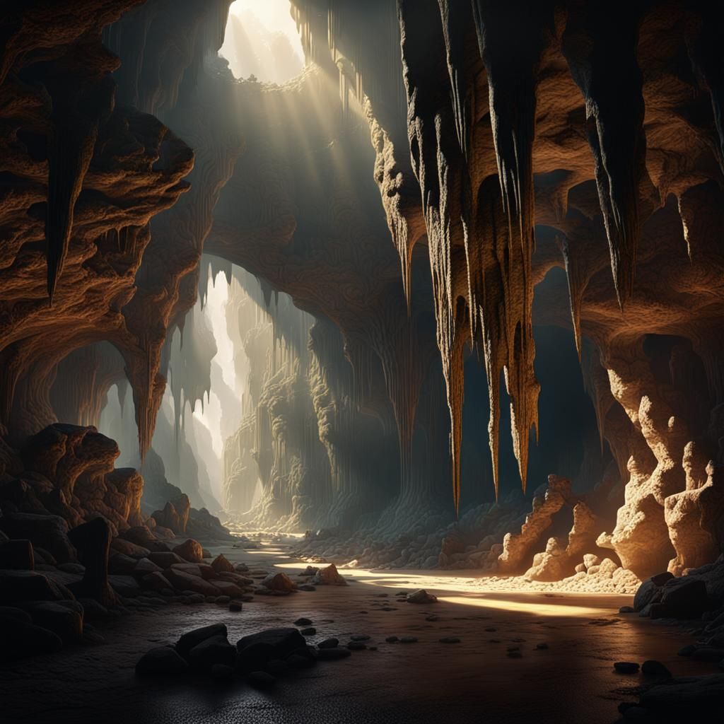 A dimly lit cave opening with sunlight peeking through. Stalactites and ...