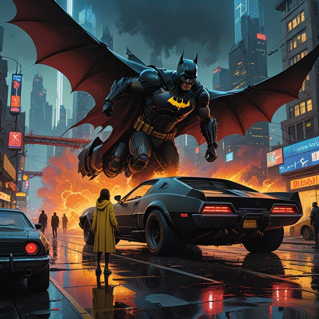 Little Girl Meets Batman in Epic Futuristic Gotham - AI Art