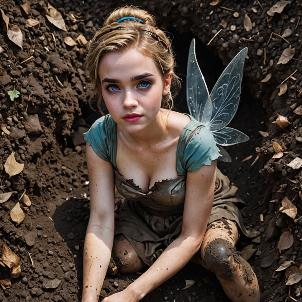 Tinkerbell looks like young Emma Watson goddess covered in dirt. sitting in the garbage. well ...