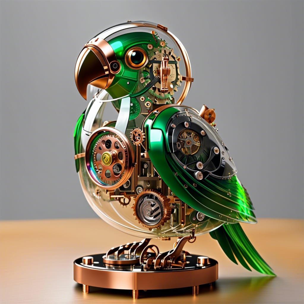 fully transparent robotic pet parrot with steampunk mechanical ...